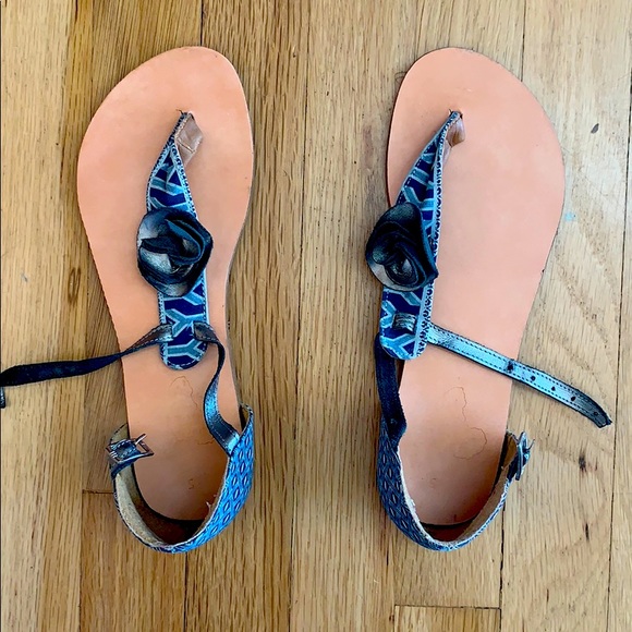 Shoes | Strappy Leather And Cloth T Strap Embellished Sandals Made In ...